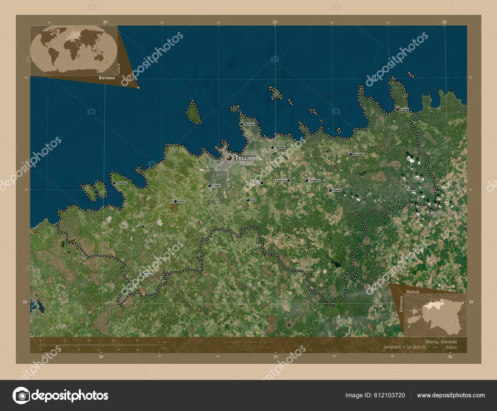 Harju County Estonia Low Resolution Satellite Map Locations Names Major ...