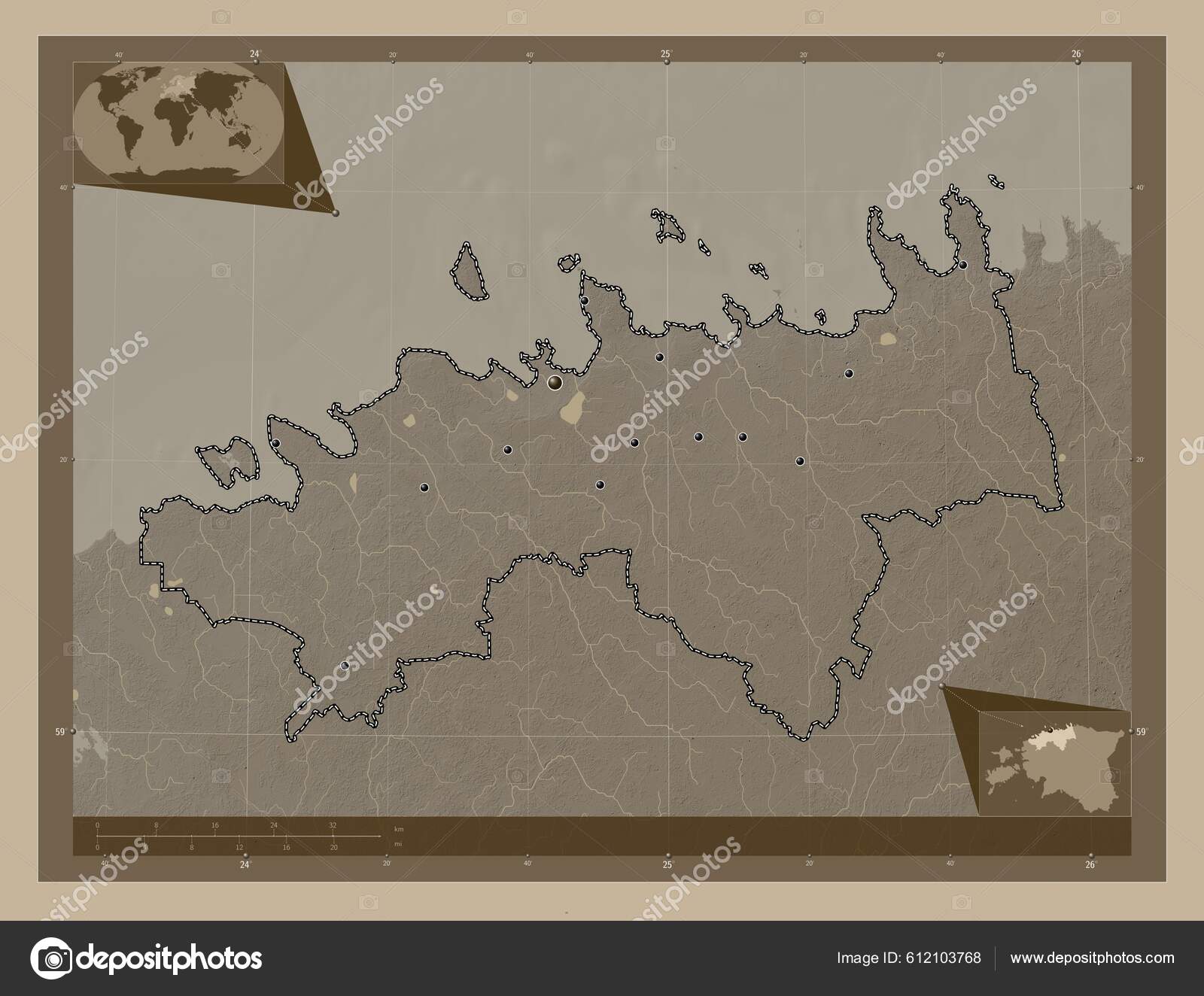 Harju County Estonia Elevation Map Colored Sepia Tones Lakes Rivers ...