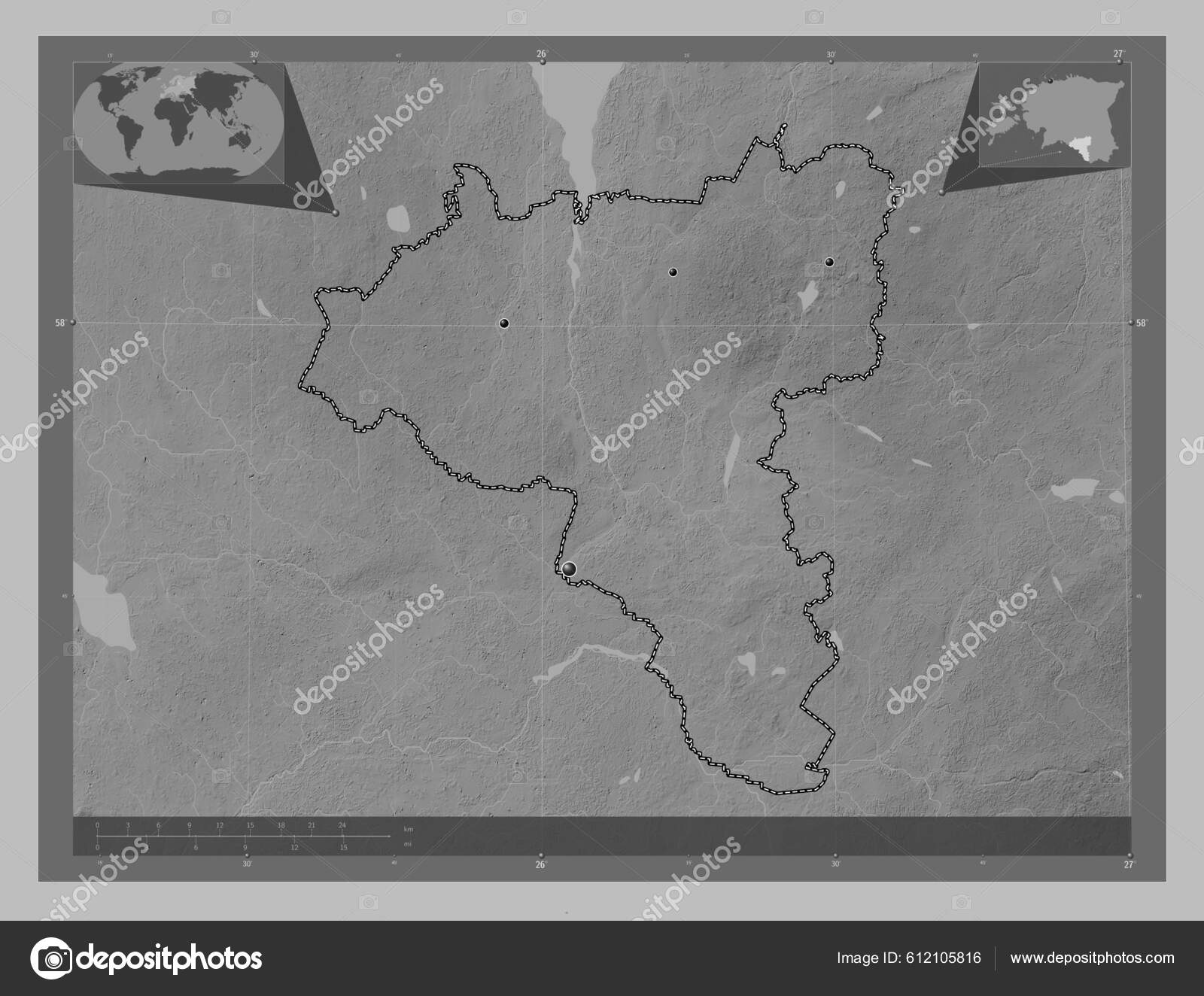 Valga County Estonia Grayscale Elevation Map Lakes Rivers Locations ...