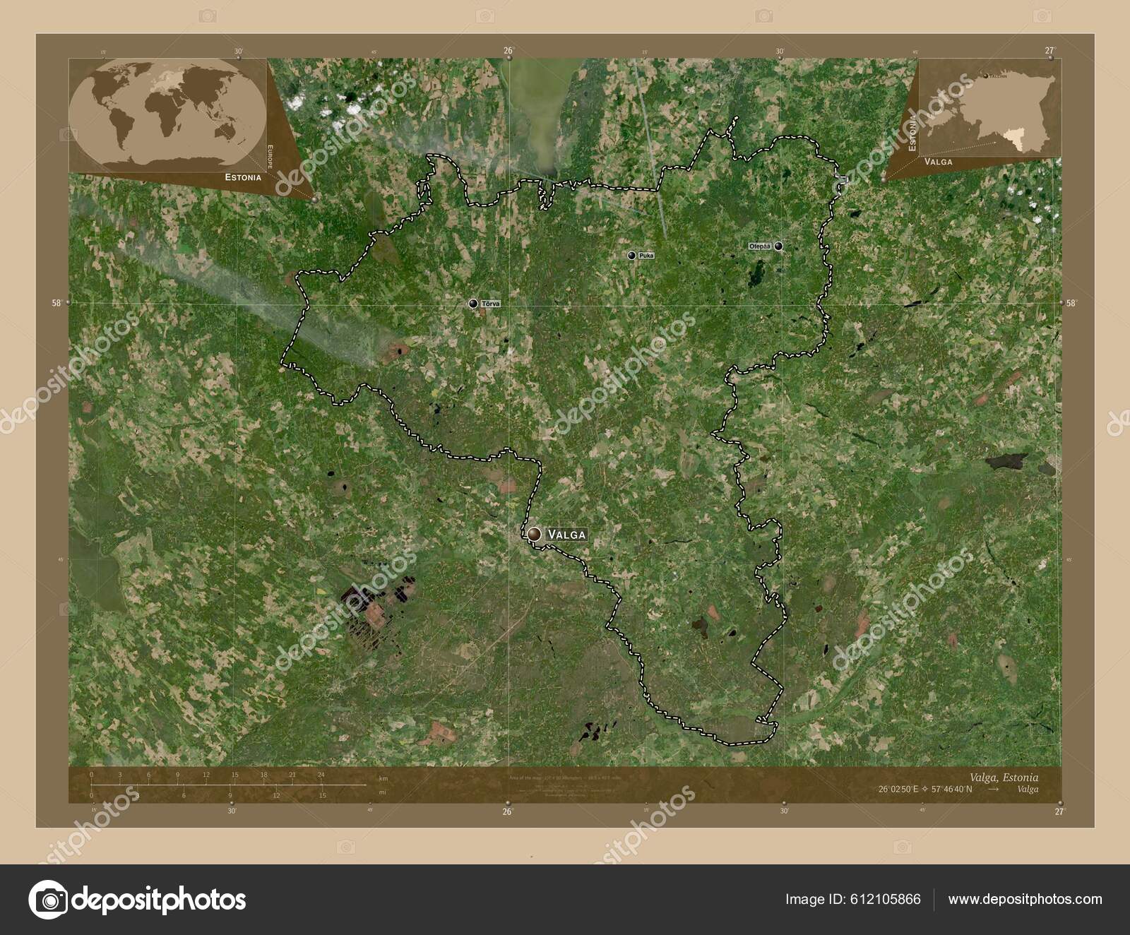 Valga County Estonia Low Resolution Satellite Map Locations Names Major ...