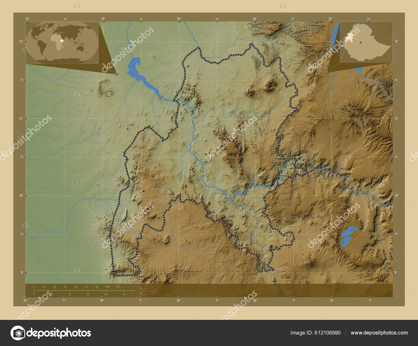 Benshangul Gumaz Estado Etiopía Mapa Elevación Colores Con Lagos Ríos ...
