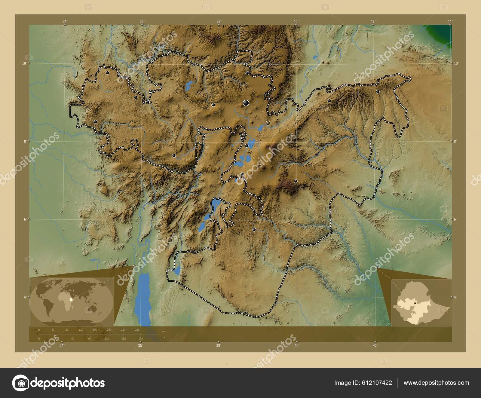 Oromia State Ethiopia Colored Elevation Map Lakes Rivers Locations ...