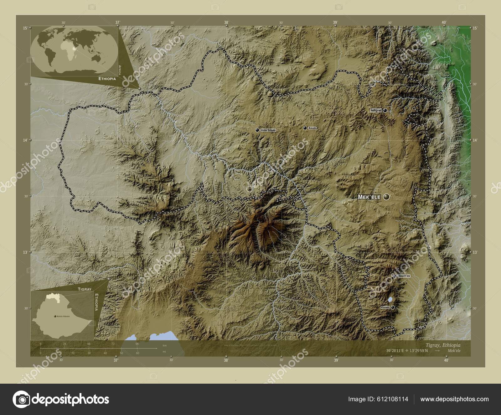 Tigray State Ethiopia Elevation Map Colored Wiki Style Lakes Rivers ...