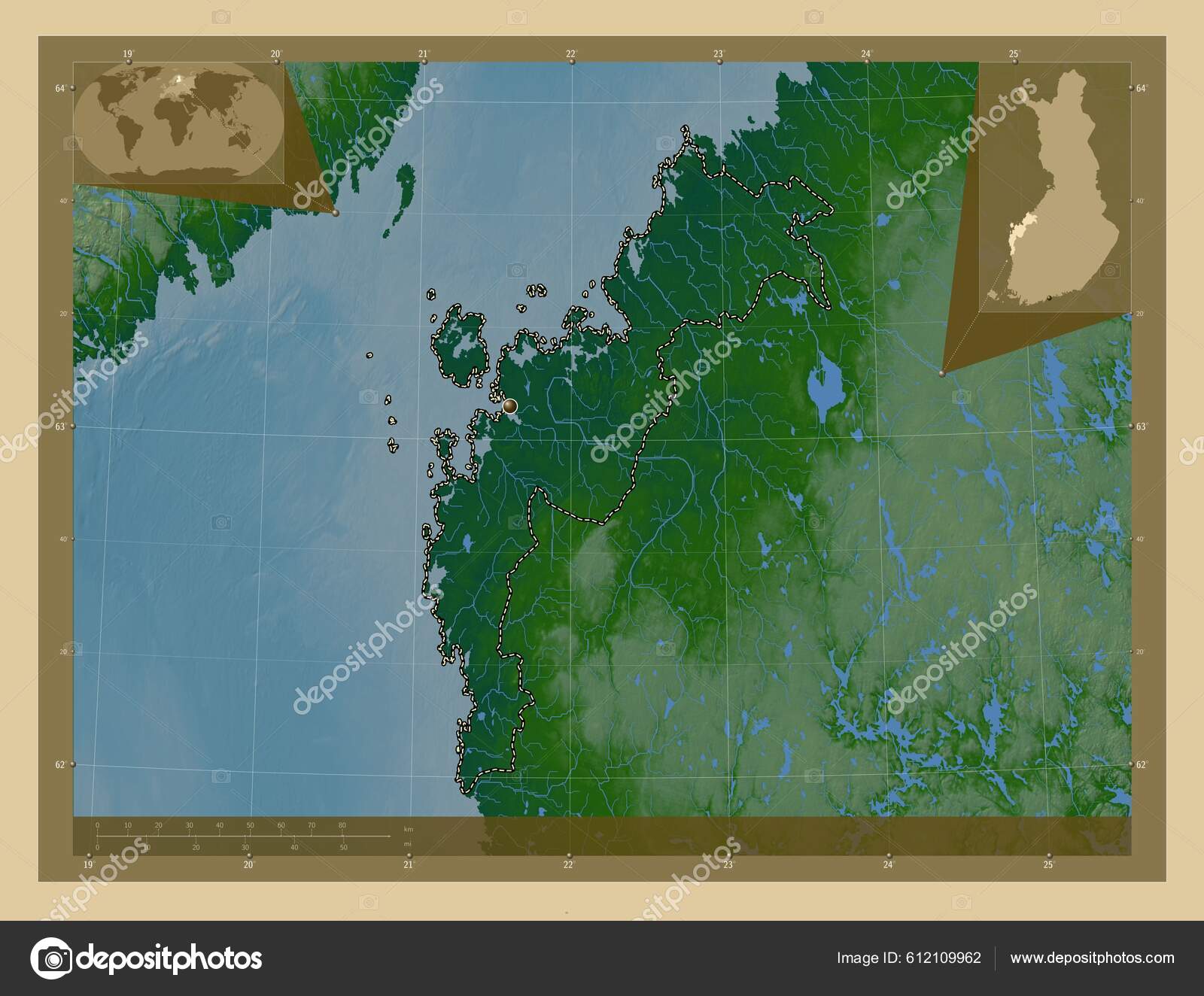Ostrobothnia Region Finland Colored Elevation Map Lakes Rivers Corner ...