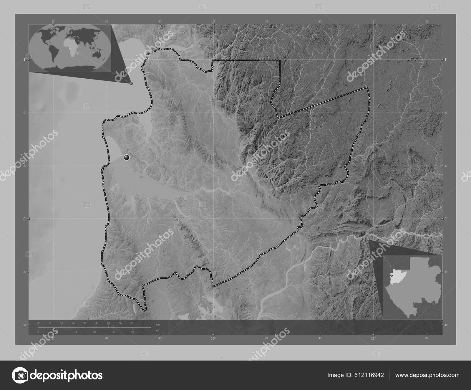 Estuaire Province Gabon Grayscale Elevation Map Lakes Rivers Corner ...