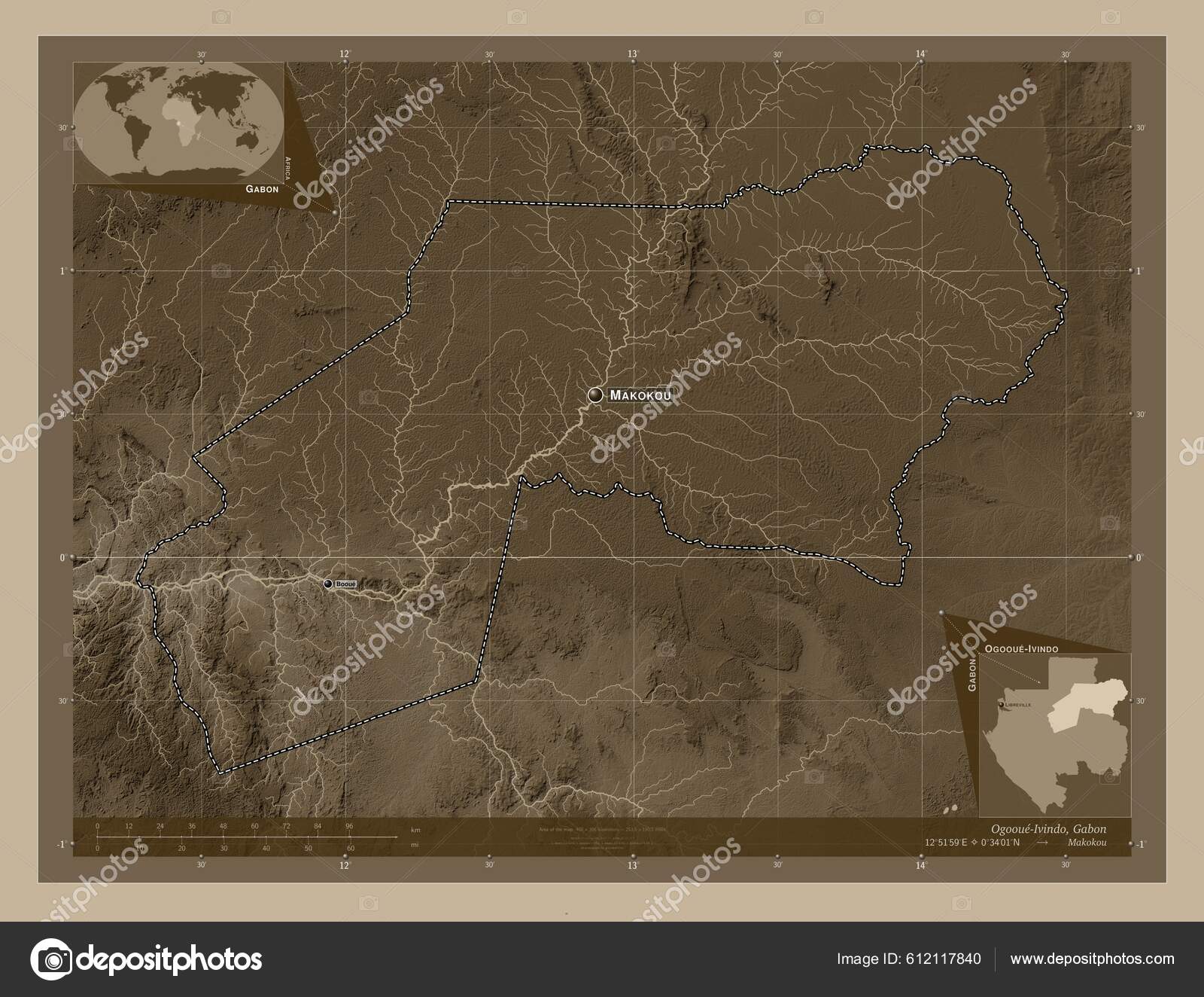 Ogooue Ivindo Province Gabon Elevation Map Colored Sepia Tones Lakes ...