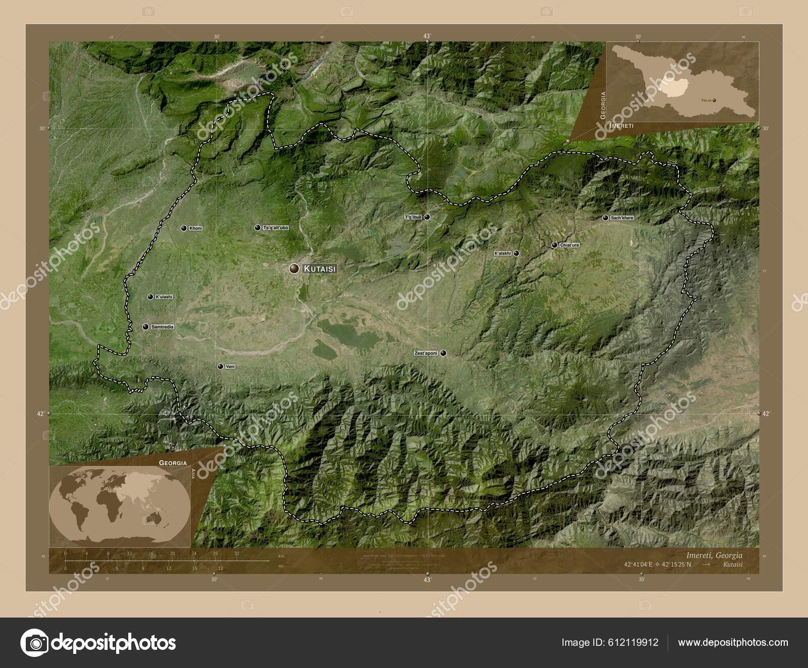 Imereti Region Georgia Low Resolution Satellite Map Locations Names ...
