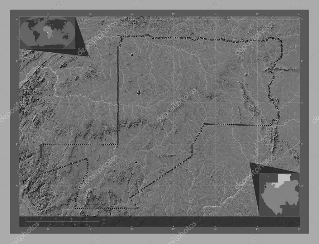 Wouleu-Ntem, provincia de Gabón. Mapa de elevación de Bilevel con lagos ...