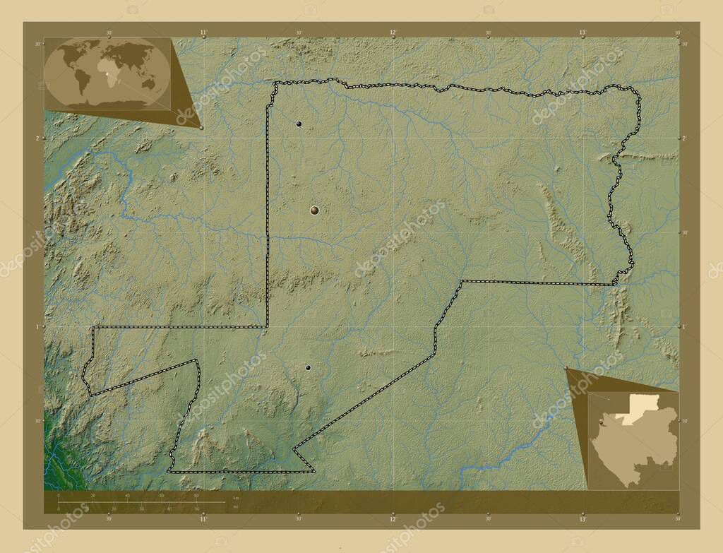 Wouleu-Ntem, provincia de Gabón. Mapa de elevación de colores con lagos ...