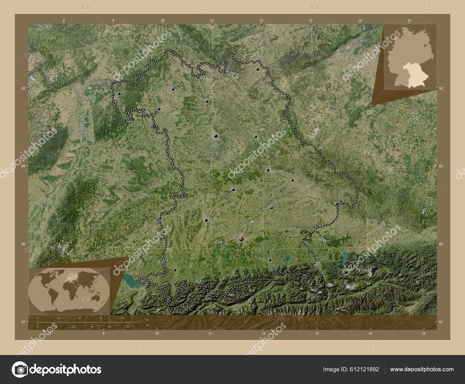 Bayern Region Germany Low Resolution Satellite Map Locations Major ...
