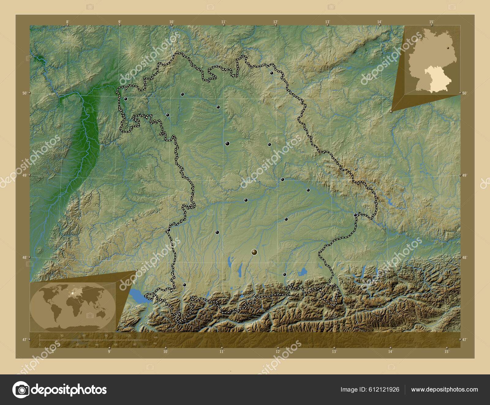 Bayern Región Alemania Mapa Elevación Colores Con Lagos Ríos ...