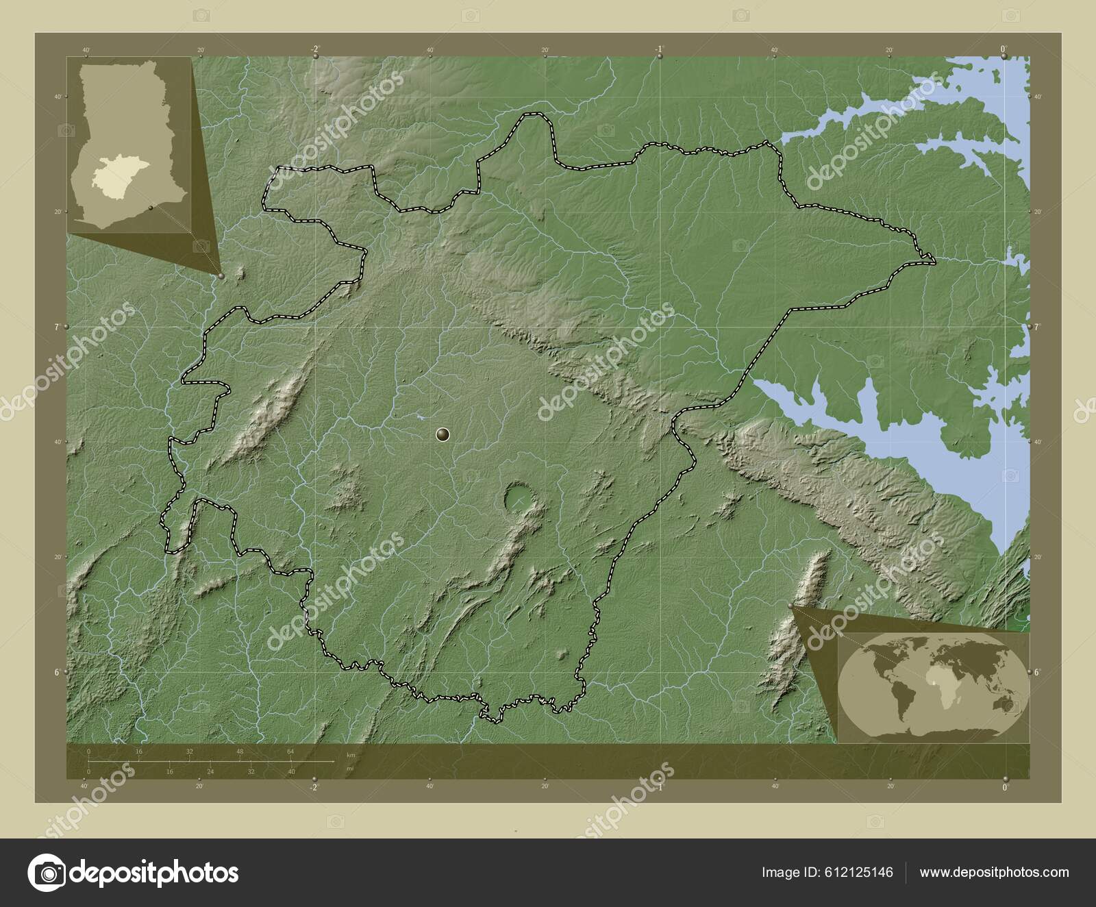 Ashanti Region Ghana Elevation Map Colored Wiki Style Lakes Rivers ...