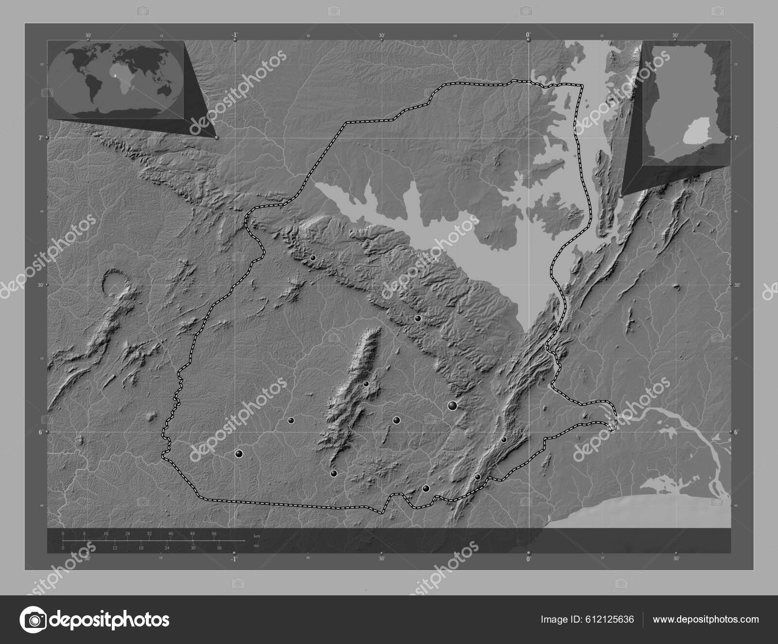 Eastern Region Ghana Bilevel Elevation Map Lakes Rivers Locations Major ...