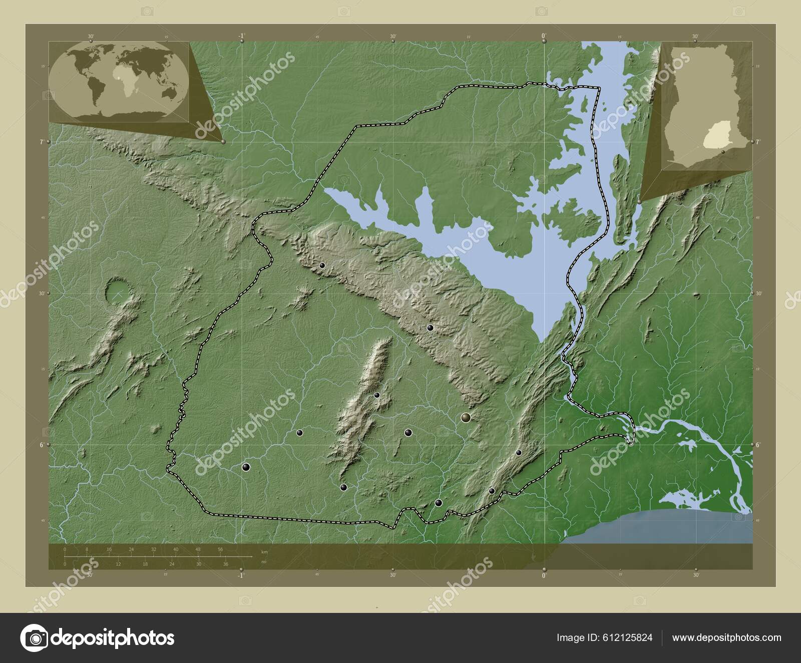 Eastern Region Ghana Elevation Map Colored Wiki Style Lakes Rivers ...