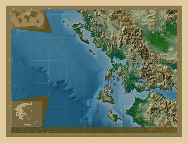 Ionian Islands, decentralized administration of Greece. Colored elevation map with lakes and ...