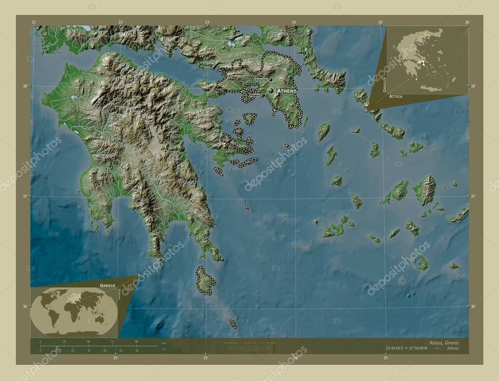 Attica, administración descentralizada de Grecia. Mapa de elevación ...