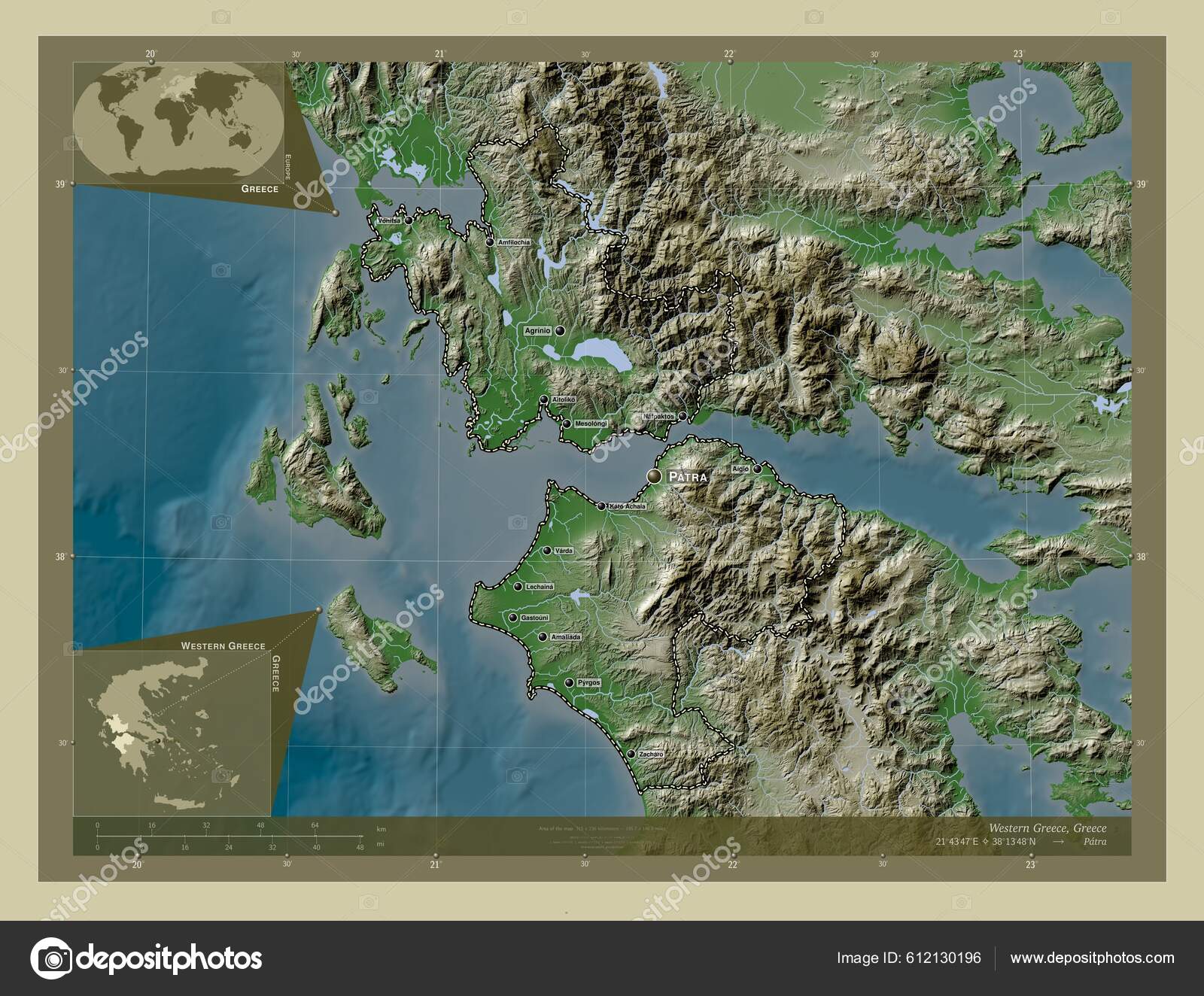 Western Greece Decentralized Administration Greece Elevation Map Colored Wiki Style — Stock ...