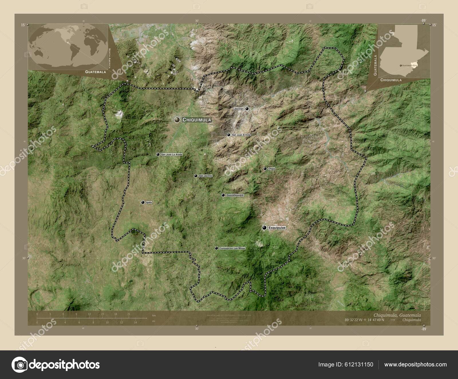 Chiquimula Department Guatemala High Resolution Satellite Map Locations Names Major — Stock ...