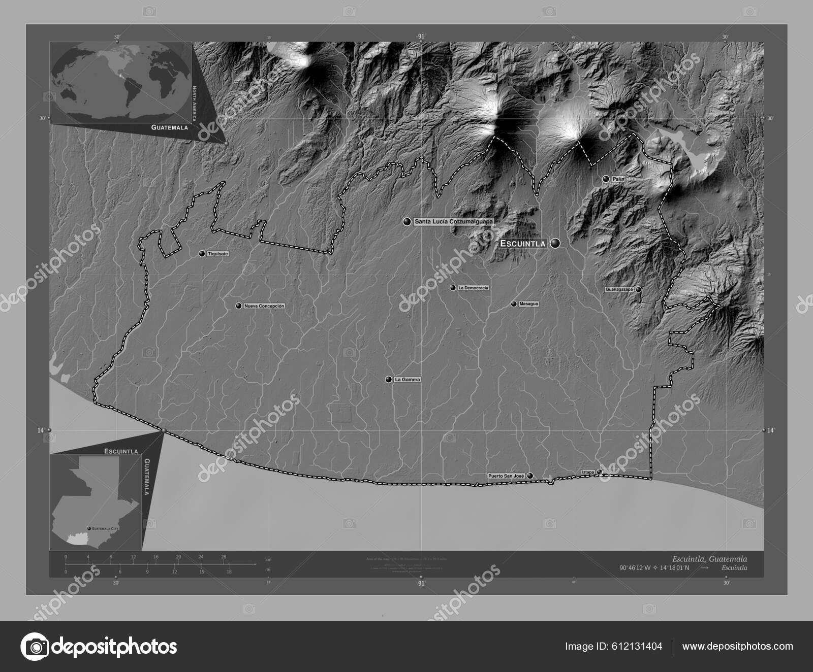 Escuintla Department Guatemala Bilevel Elevation Map Lakes Rivers ...