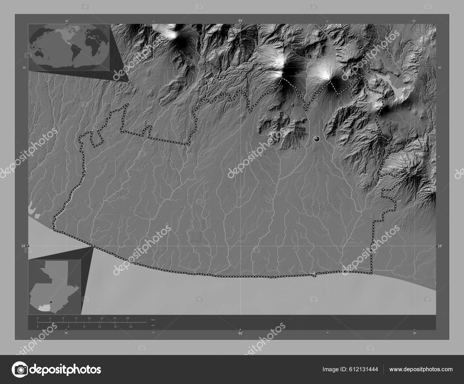 Escuintla Departamento Guatemala Mapa Elevación Bilevel Con Lagos Ríos ...