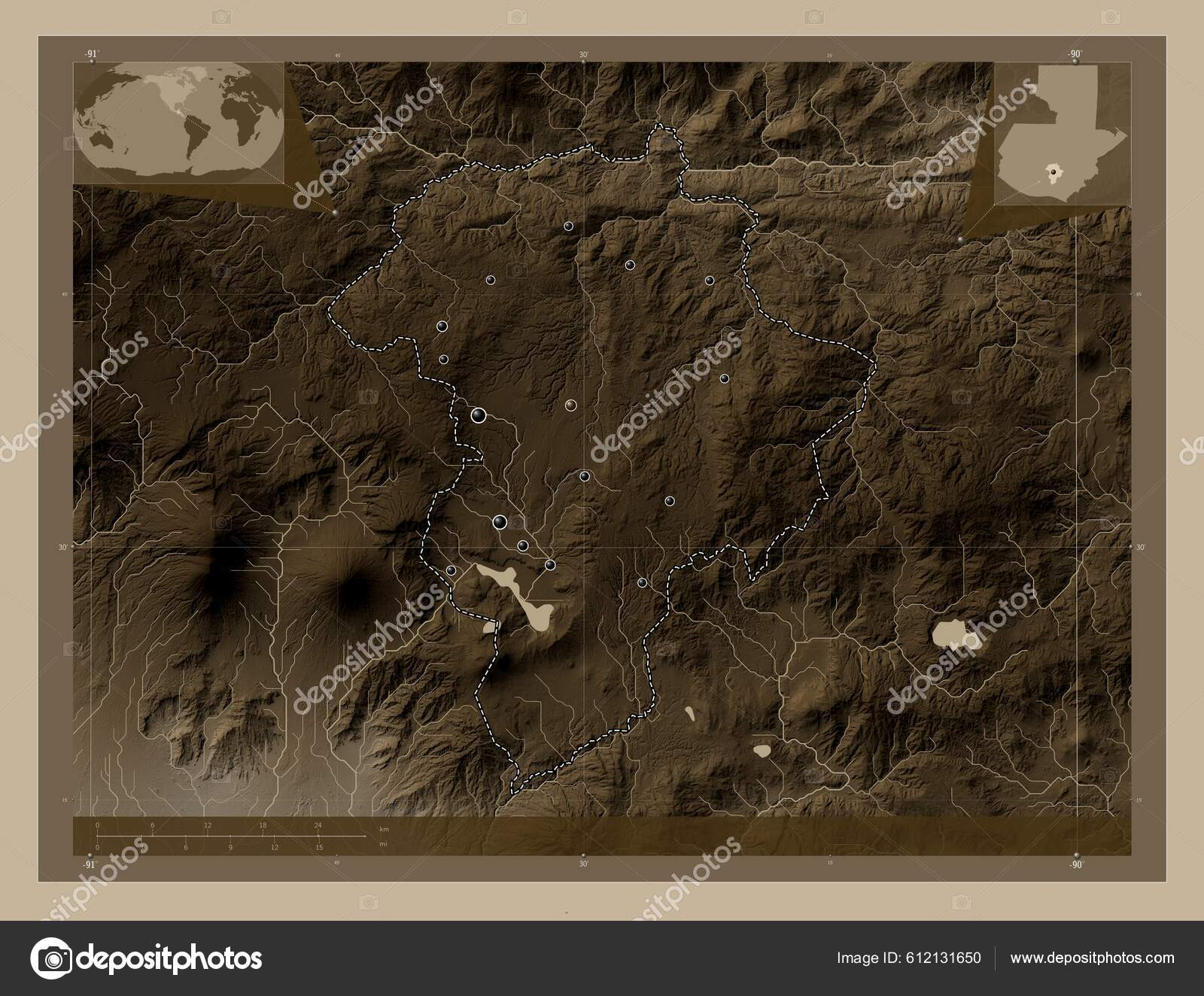Guatemala Department Guatemala Elevation Map Colored Sepia Tones Lakes ...
