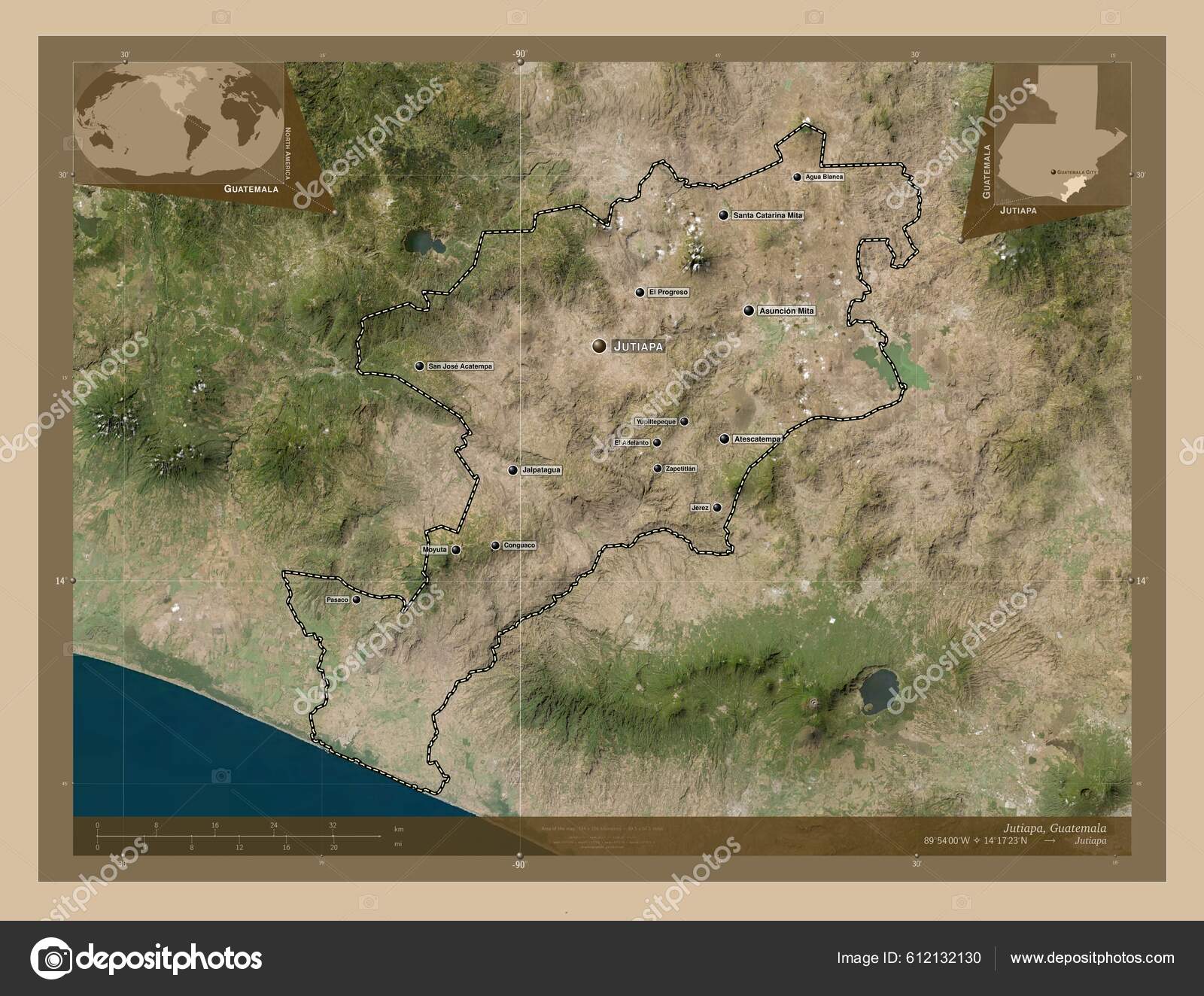 Jutiapa Department Guatemala Low Resolution Satellite Map Locations Names Major — Stock Photo ...