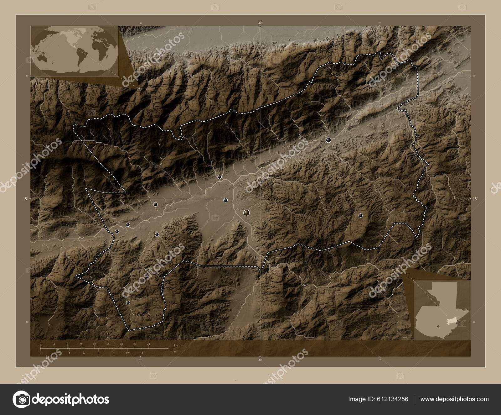 Zacapa Departamento Guatemala Mapa Elevação Colorido Tons Sépia Com ...