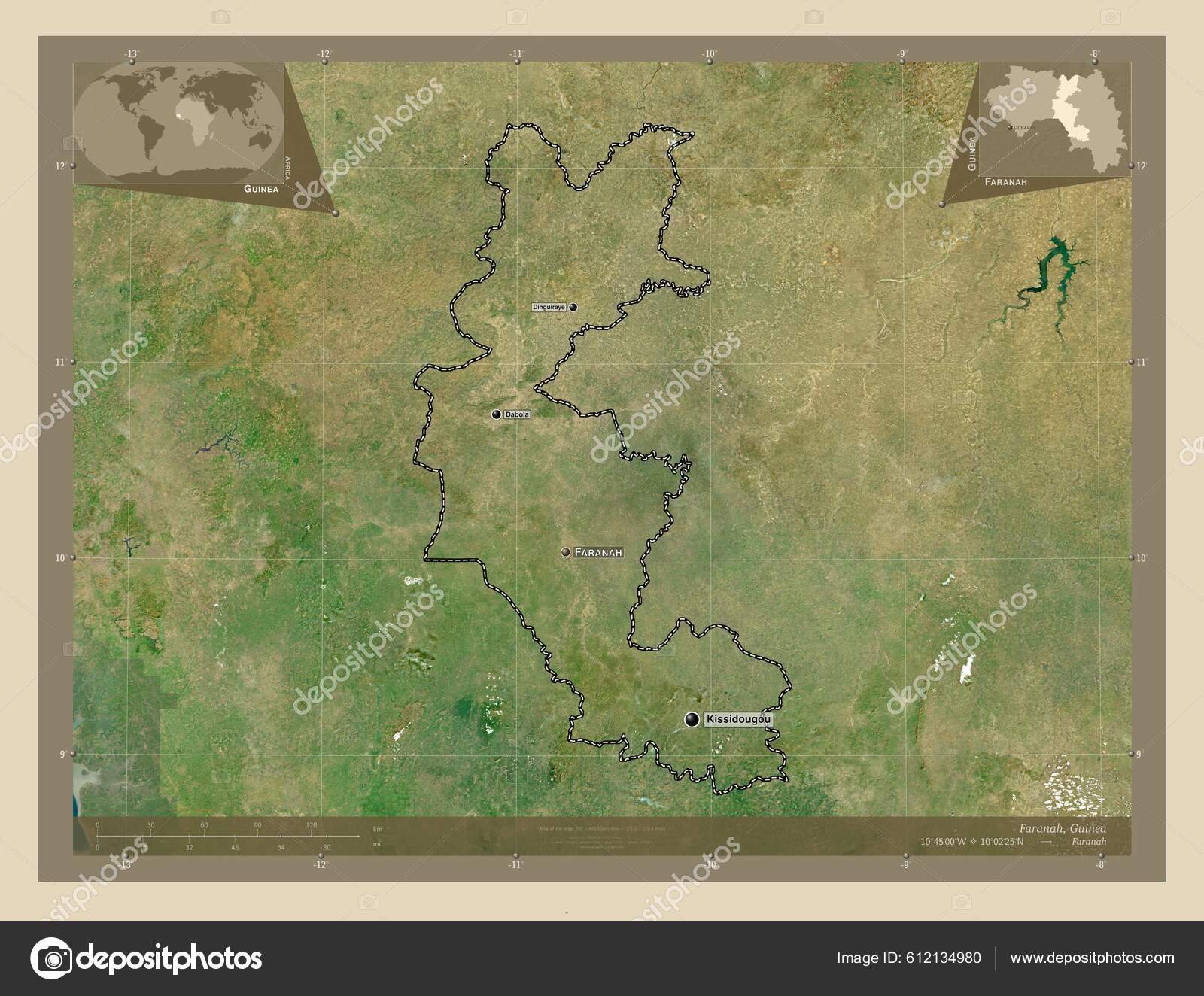 Faranah Region Guinea High Resolution Satellite Map Locations Names ...