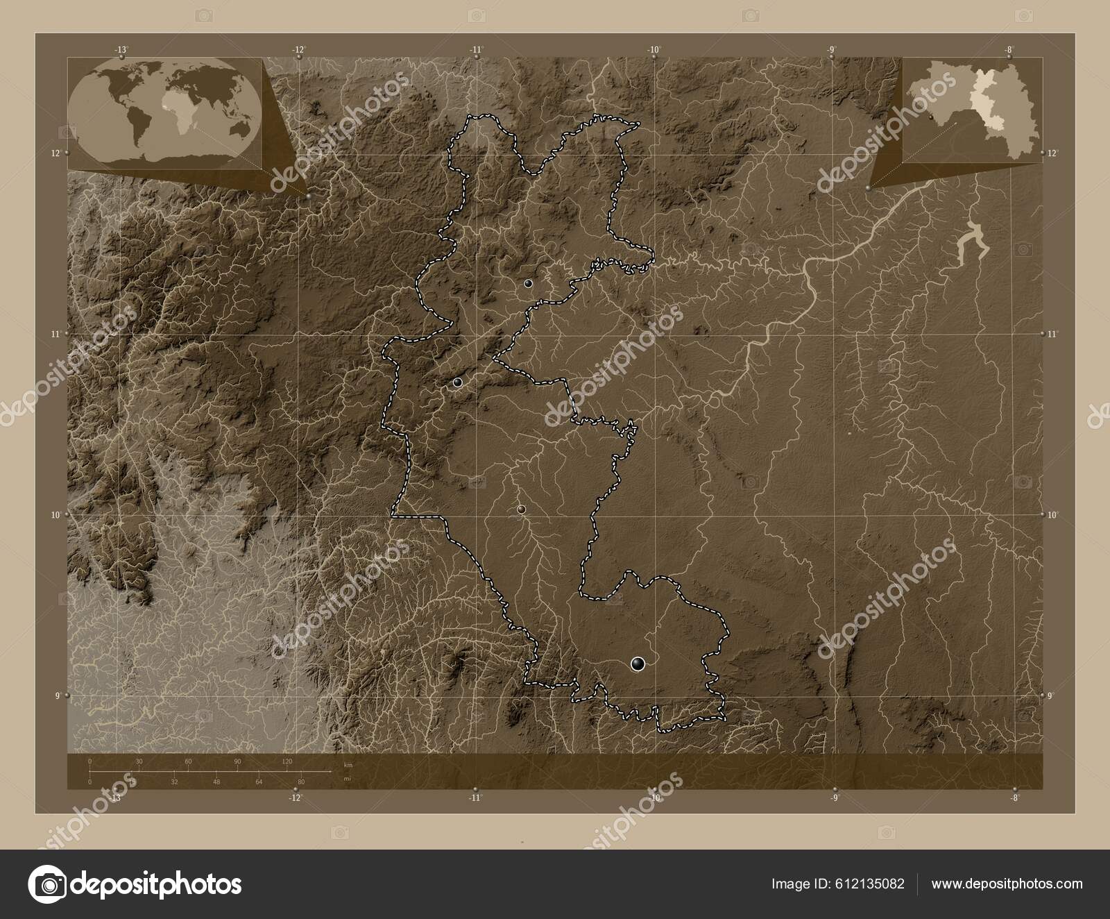 Faranah Region Guinea Elevation Map Colored Sepia Tones Lakes Rivers ...