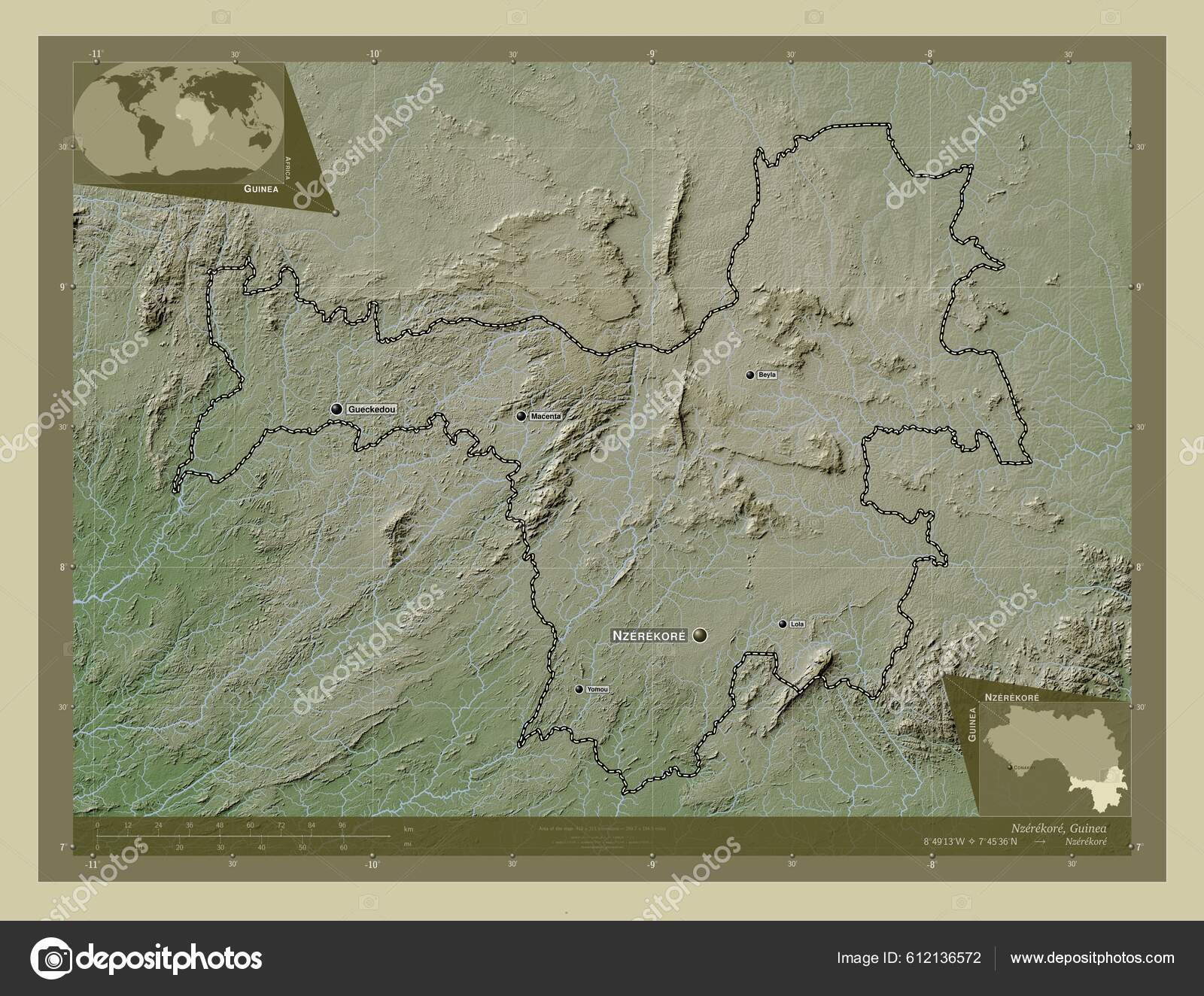 Nzerekore Region Guinea Elevation Map Colored Wiki Style Lakes Rivers ...