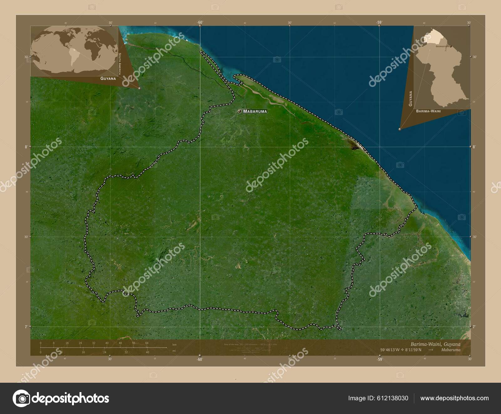 Barima Waini Region Guyana Low Resolution Satellite Map Locations Names ...