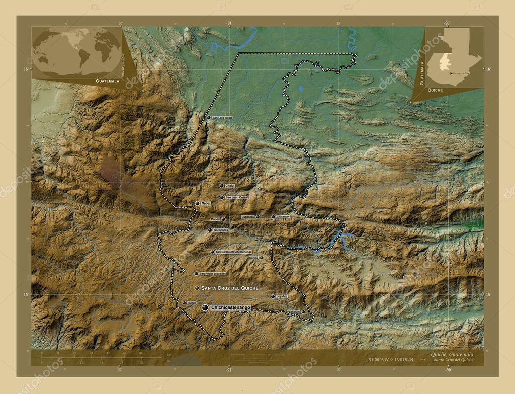 Quiche, departamento de Guatemala. Mapa de elevación de colores con ...