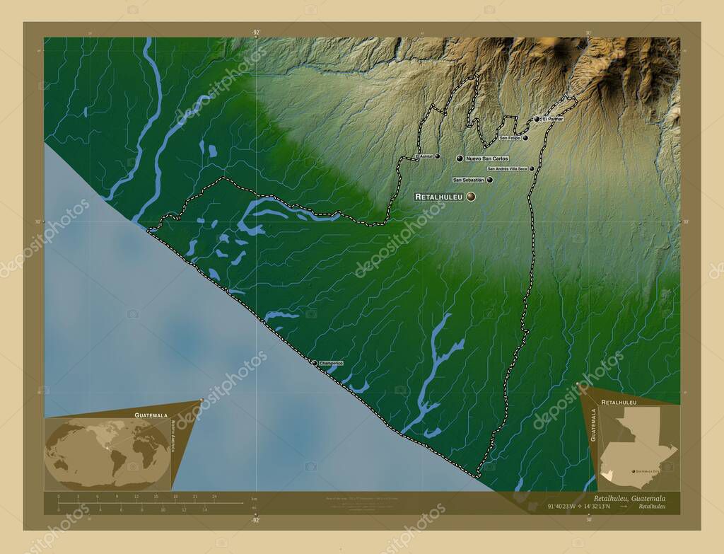 Retalhuleu, departamento de Guatemala. Mapa de elevación de colores con ...