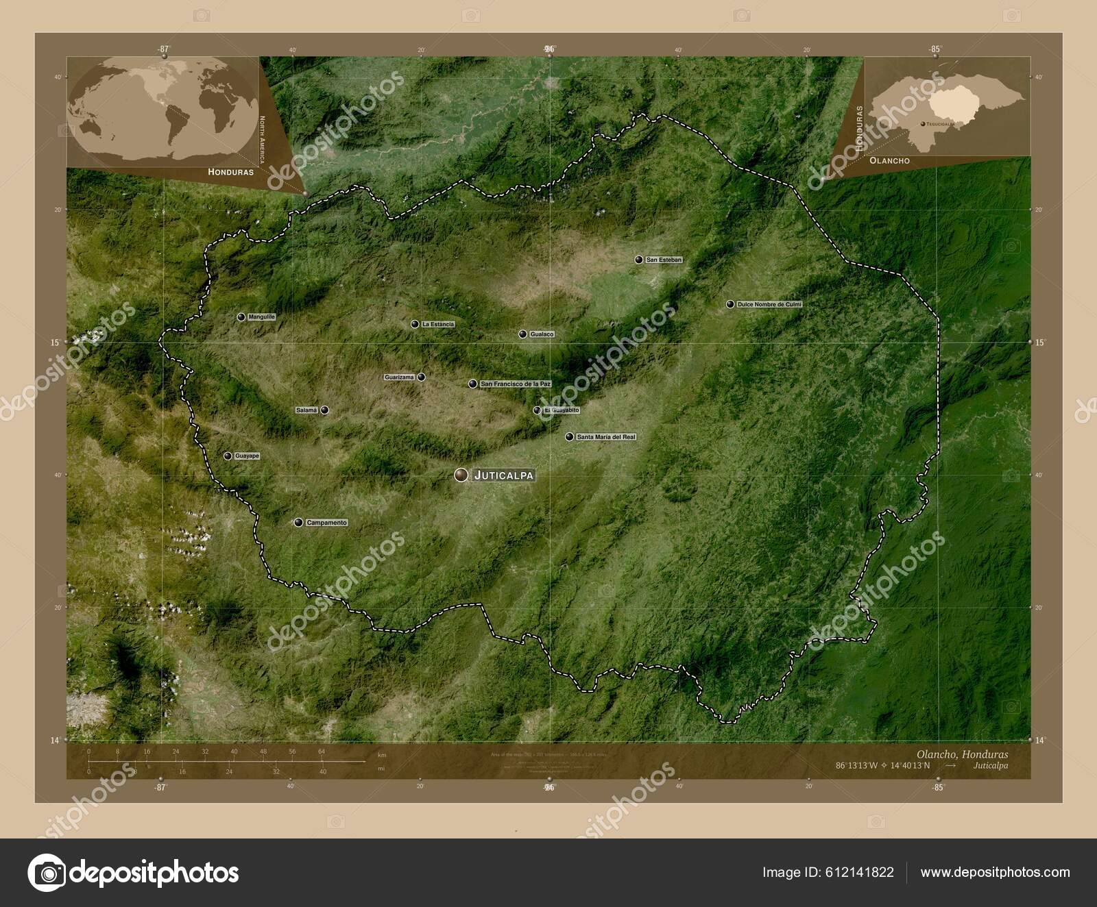 Olancho Department Honduras Low Resolution Satellite Map Locations ...