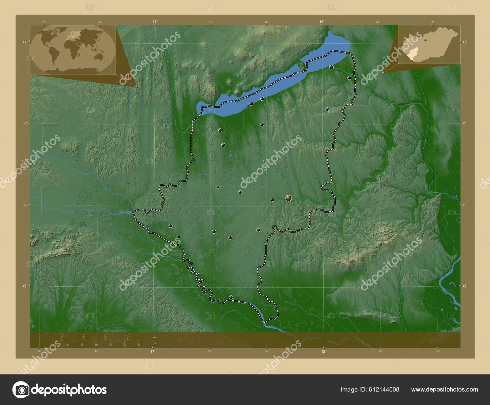 Somogy County Hungary Colored Elevation Map Lakes Rivers Locations ...