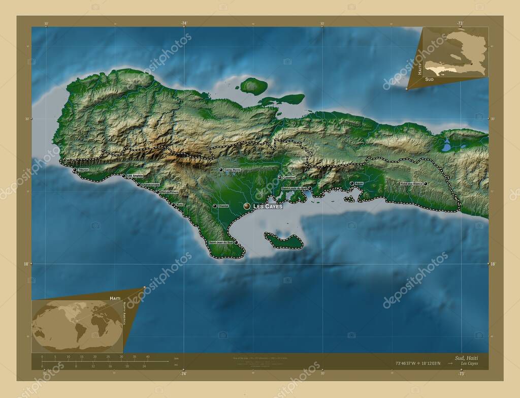 Sud, departamento de Haití. Mapa de elevación de colores con lagos y ...