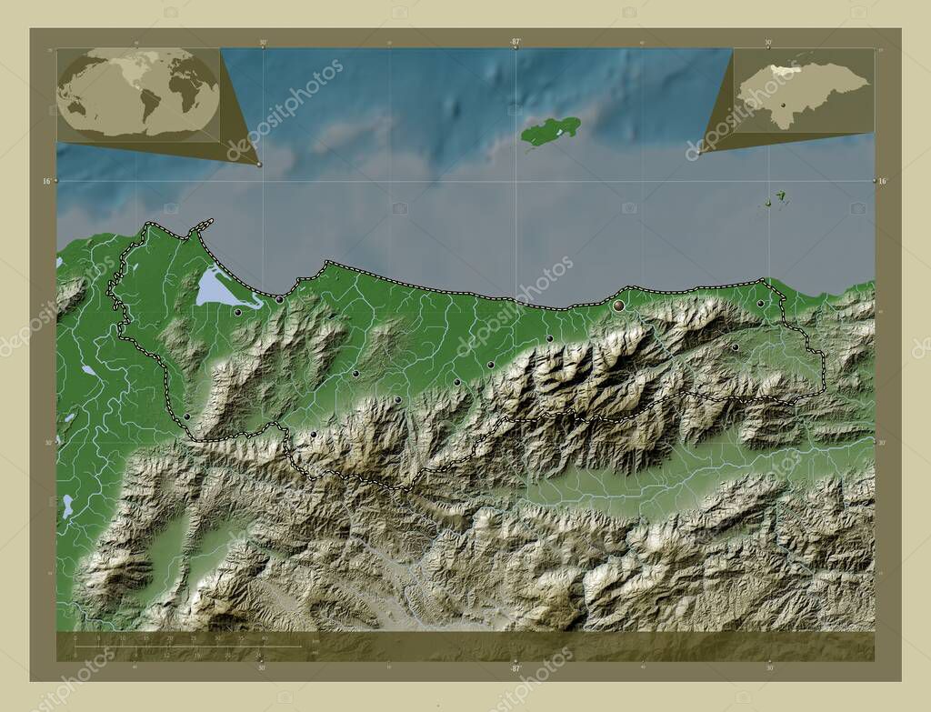 Atlantida, departamento de Honduras. Mapa de elevación coloreado en ...