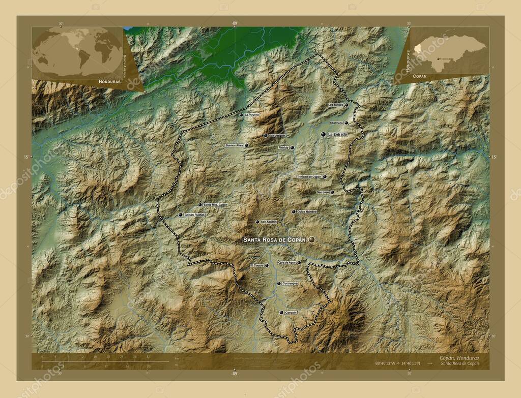 Copán, departamento de Honduras. Mapa de elevación de colores con lagos ...