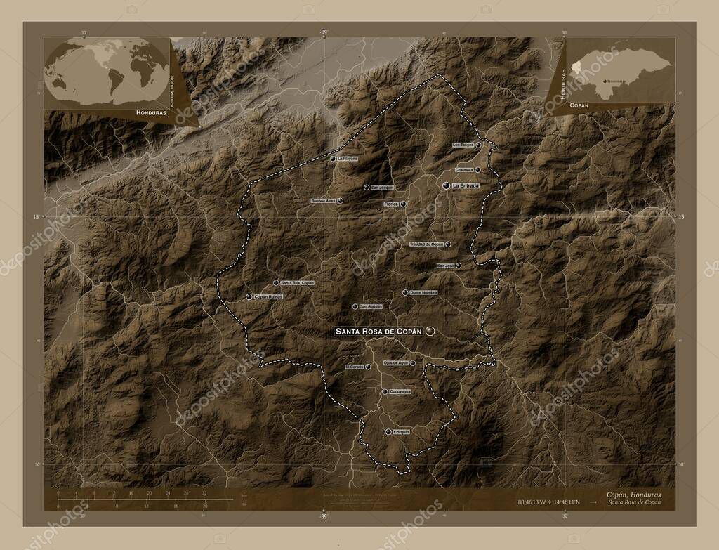 Copán, departamento de Honduras. Mapa de elevación coloreado en tonos ...