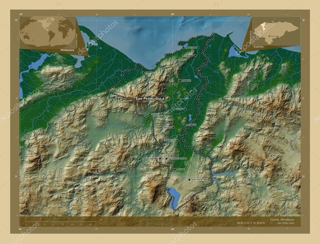 Cortes, departamento de Honduras. Mapa de elevación de colores con ...