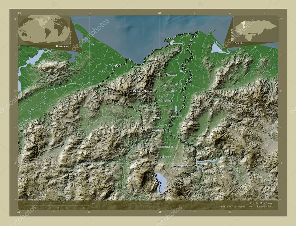 Cortes, departamento de Honduras. Mapa de elevación coloreado en estilo ...