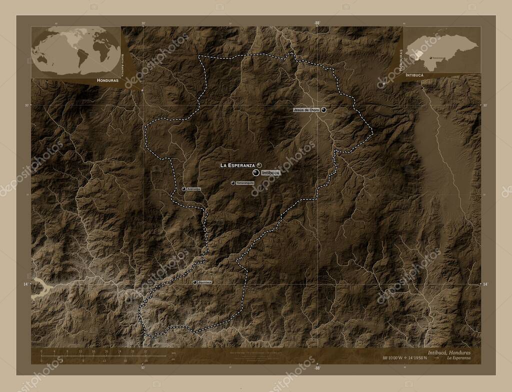 Intibuca, departamento de Honduras. Mapa de elevación coloreado en ...