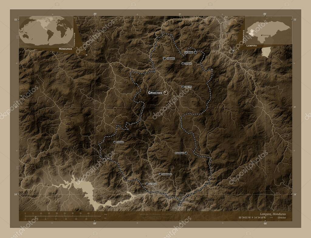 Lempira, departamento de Honduras. Mapa de elevación coloreado en tonos ...