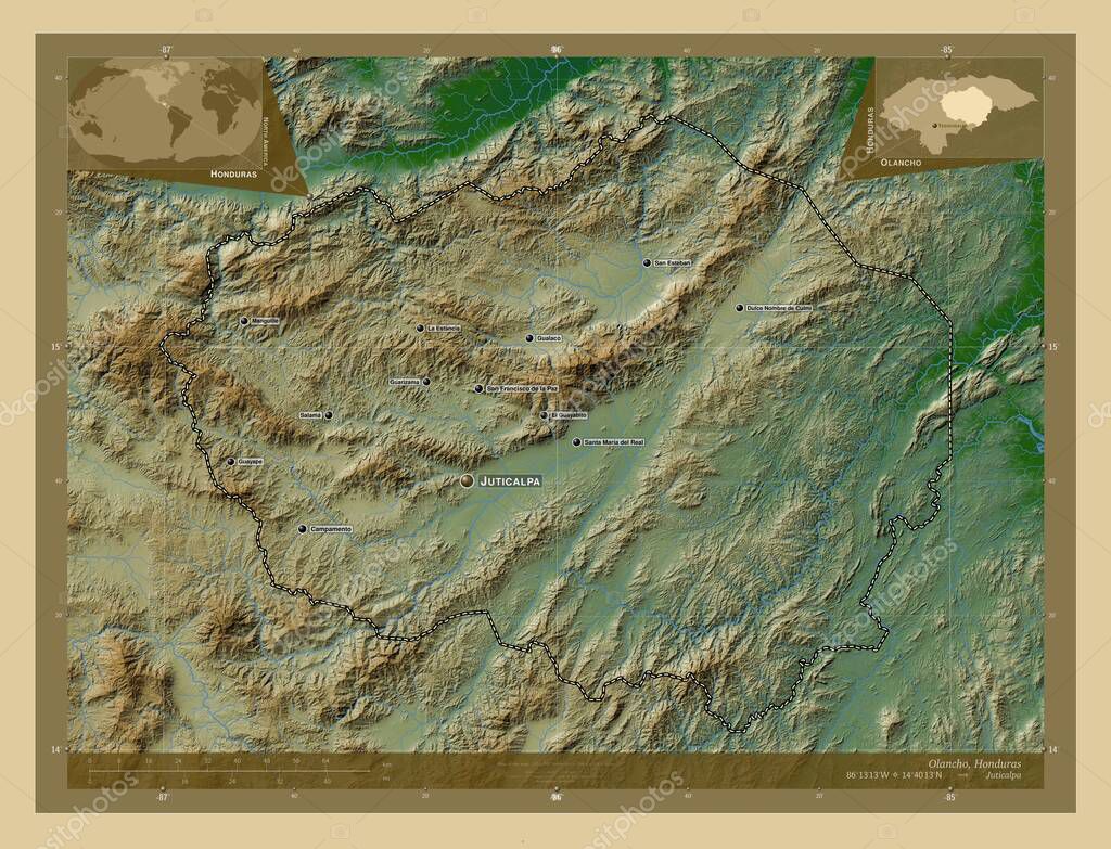 Olancho, departamento de Honduras. Mapa de elevación de colores con ...