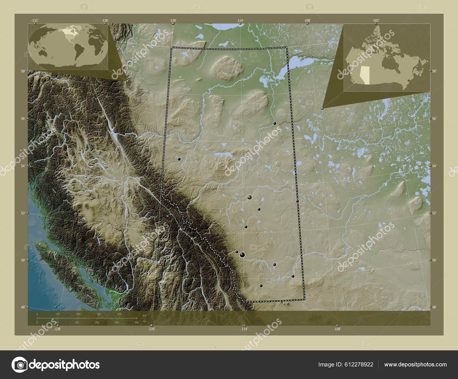 Alberta Province Canada Elevation Map Colored Wiki Style Lakes Rivers ...