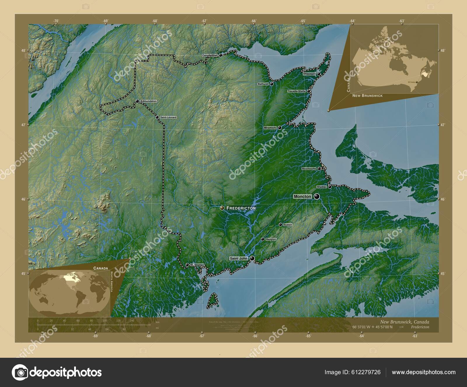 New Brunswick Province Canada Colored Elevation Map Lakes Rivers ...