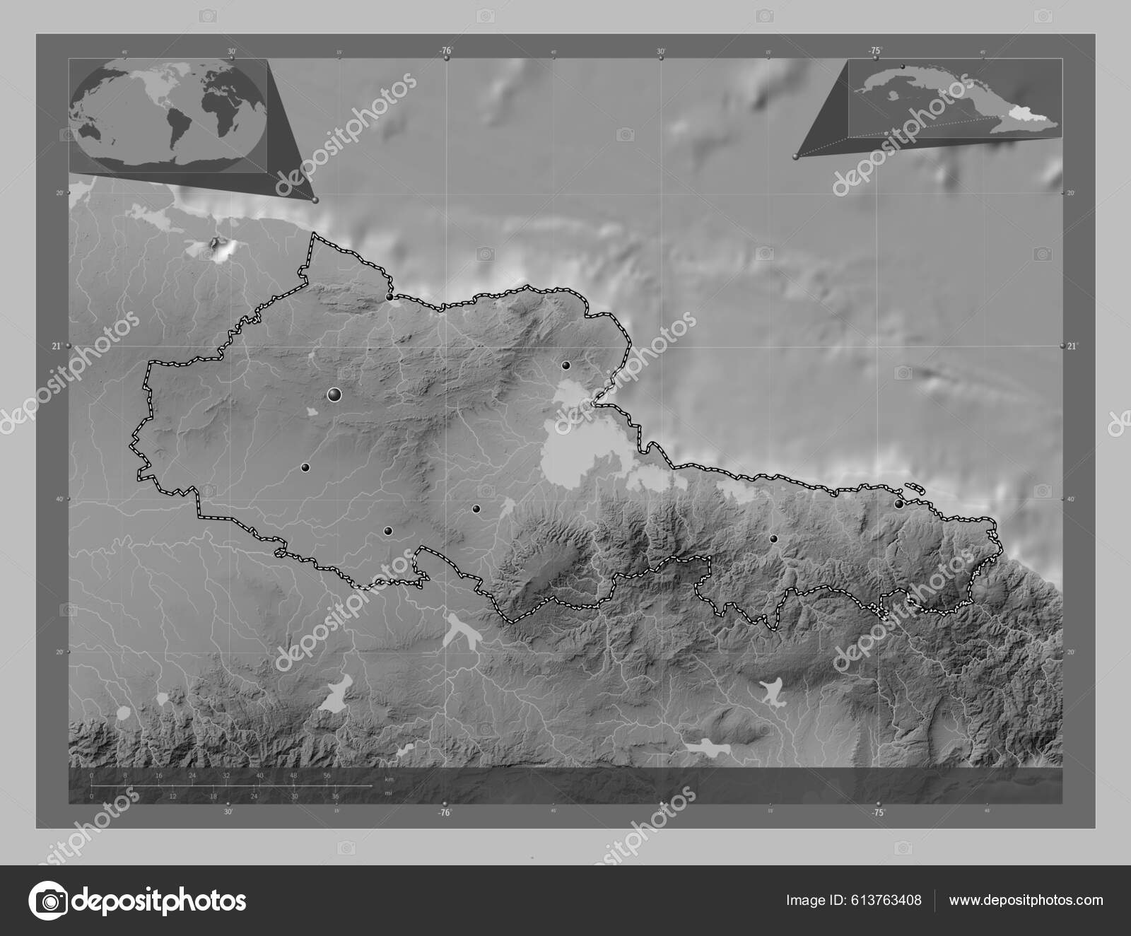 Holguin Província Cuba Mapa Elevação Escala Cinza Com Lagos Rios ...