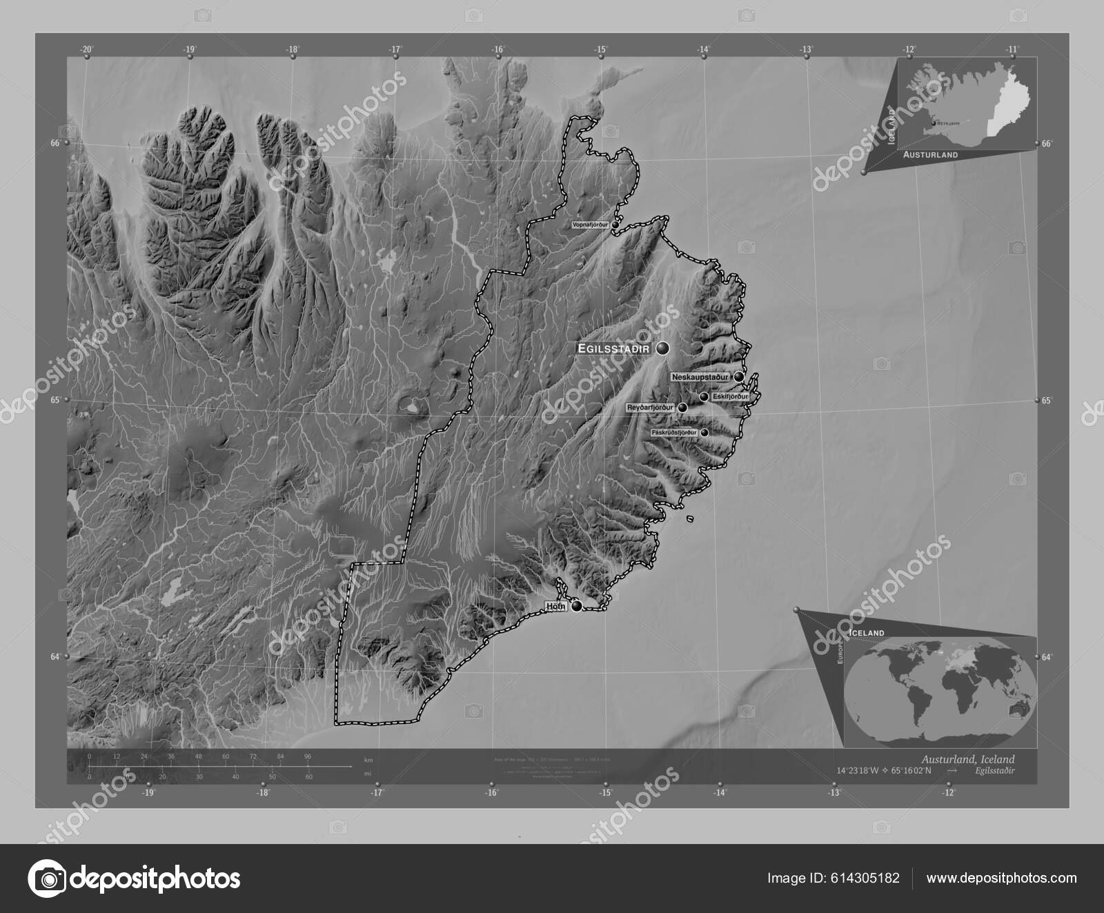Austurland Region Iceland Grayscale Elevation Map Lakes Rivers ...