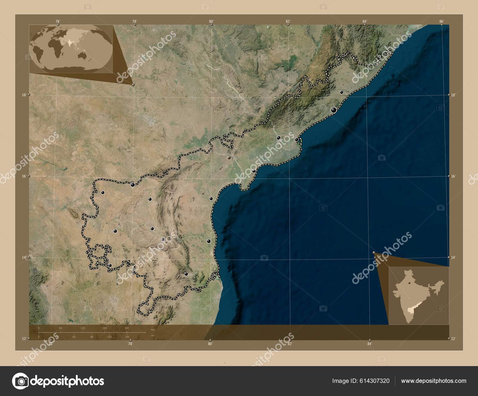 Andhra Pradesh State India Low Resolution Satellite Map Locations Major ...