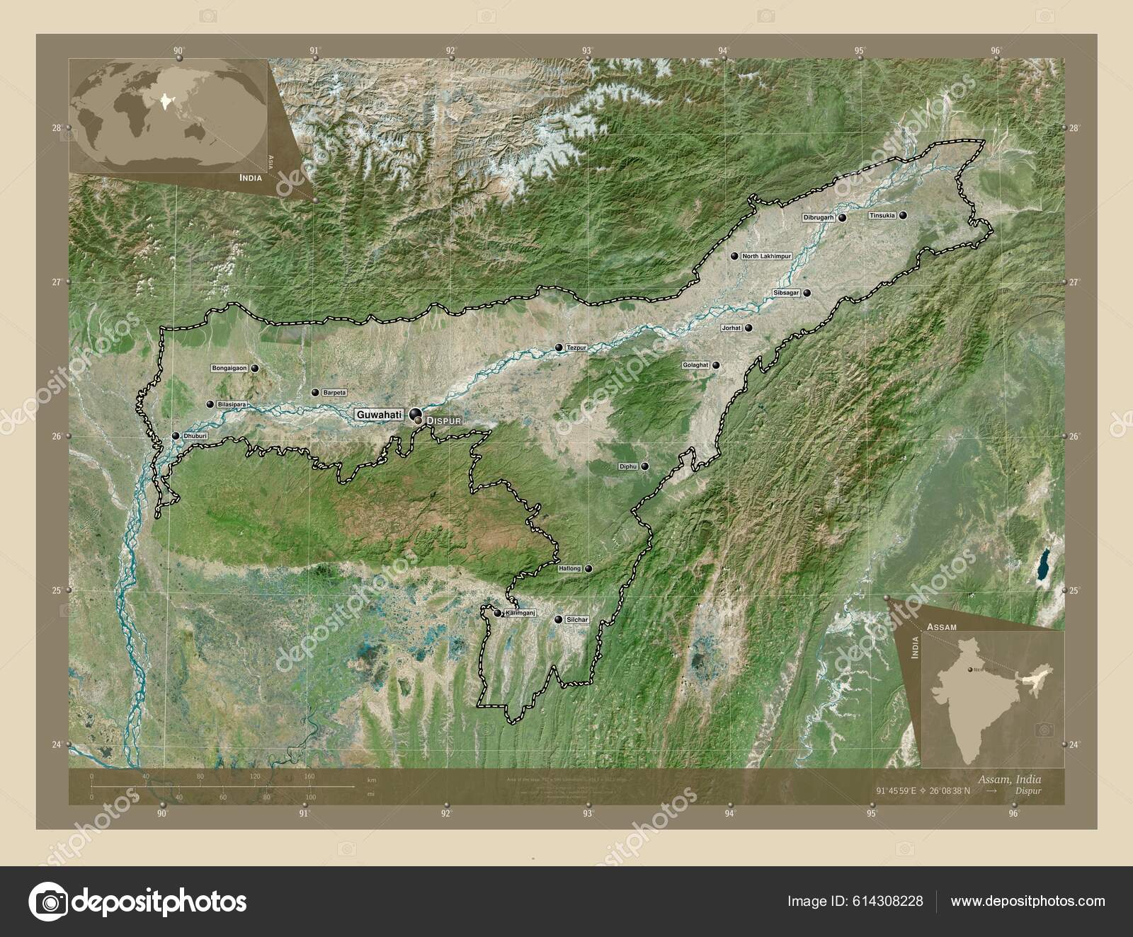 Assam State India High Resolution Satellite Map Locations Names Major ...